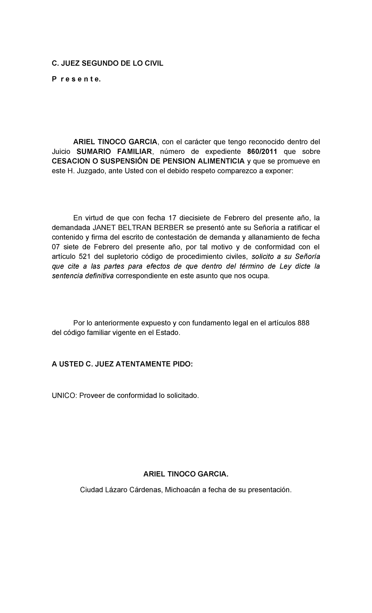 Citación de Sentencia en Juicio Familiar - Ariel Tinoco - Studocu