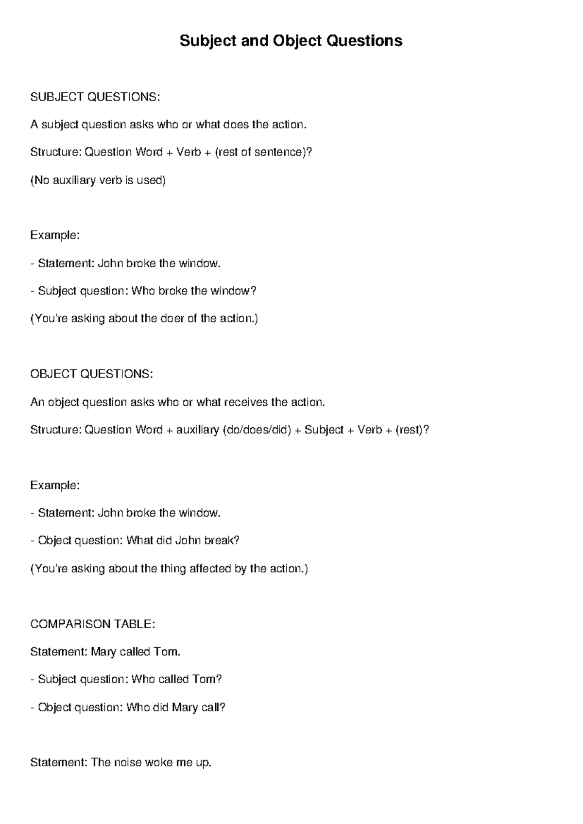 Subject and Object Questions: Understanding the Differences - Studocu