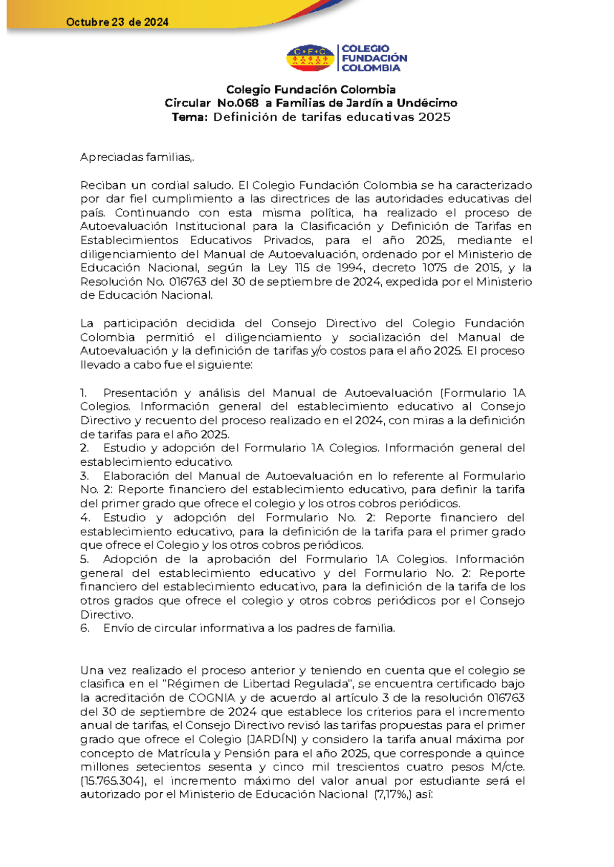 Circular No. 068: Definición de Tarifas Educativas 2025 - Colegio ...