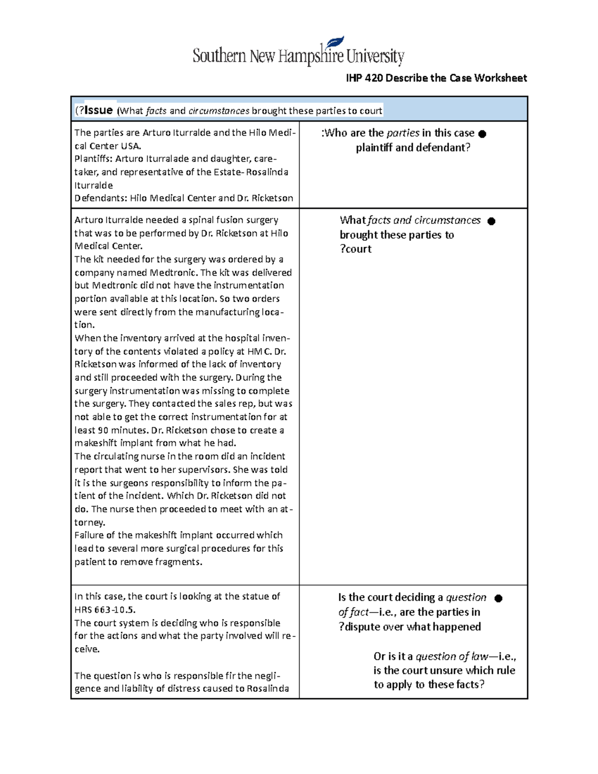 IHP 420 Describe the Case Worksheet - IHP 420 Describe the Case ...
