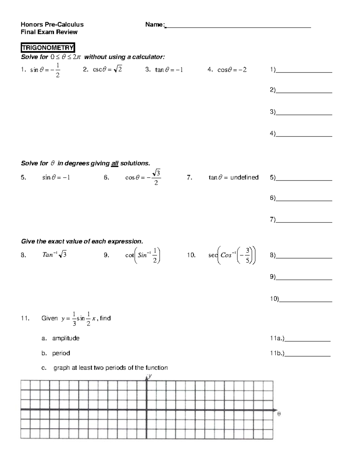 Honors Pre-Calculus Final Exam Review Packet: Trigonometry & More - Studocu