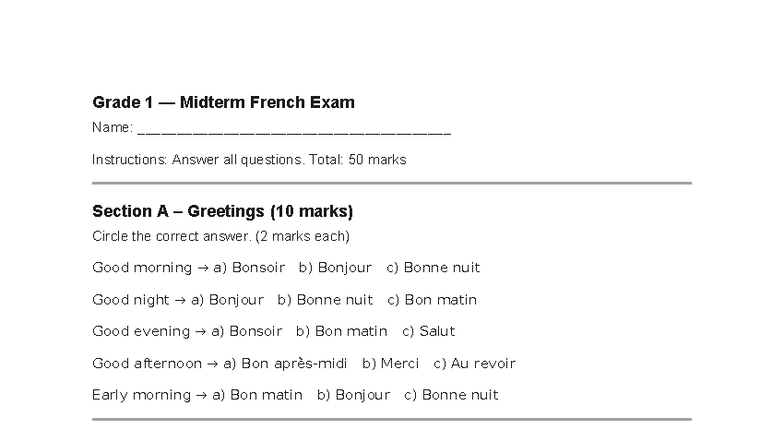 Grade 1 - Midterm French Exam: Comprehensive Review - Studocu