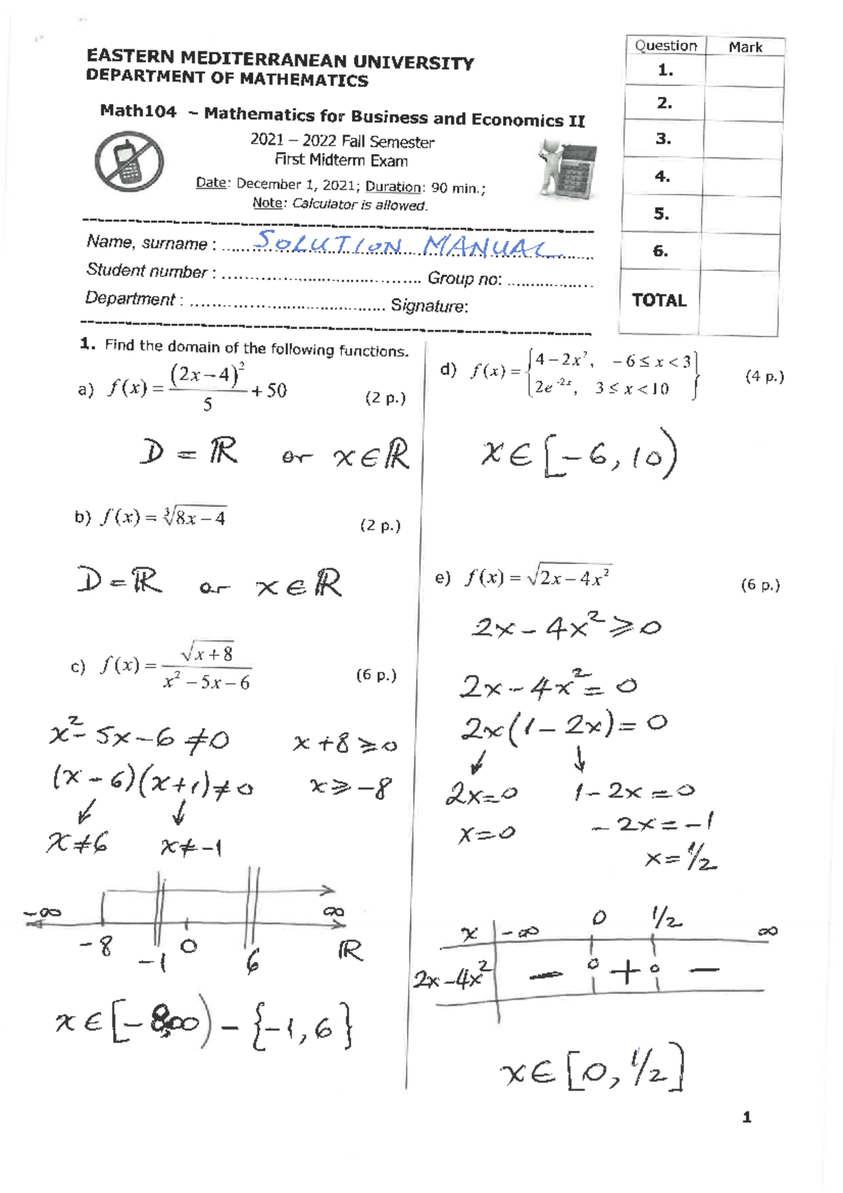 Math104 Midterm Exam 1 Solutions - Mathematics for Business and ...