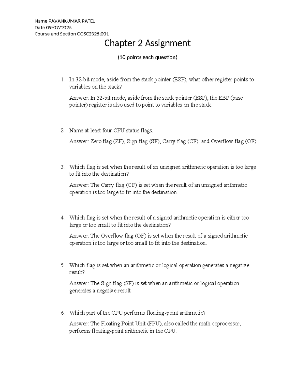 COSC2325.001 Chapter 2 Assignment - CPU Registers & Flags - Studocu
