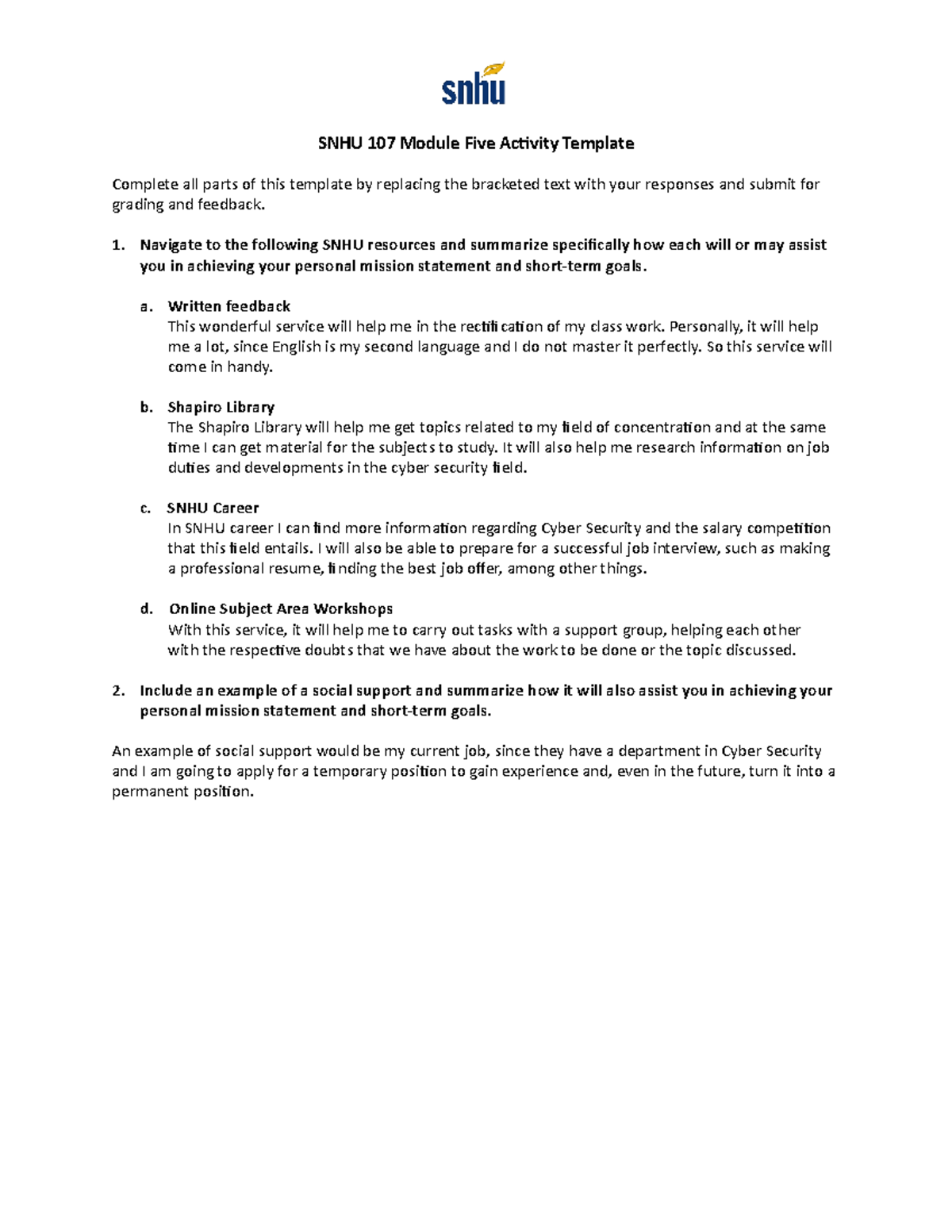 SNHU 107 Module 5 Activity: Personal Mission Statement Support - Studocu