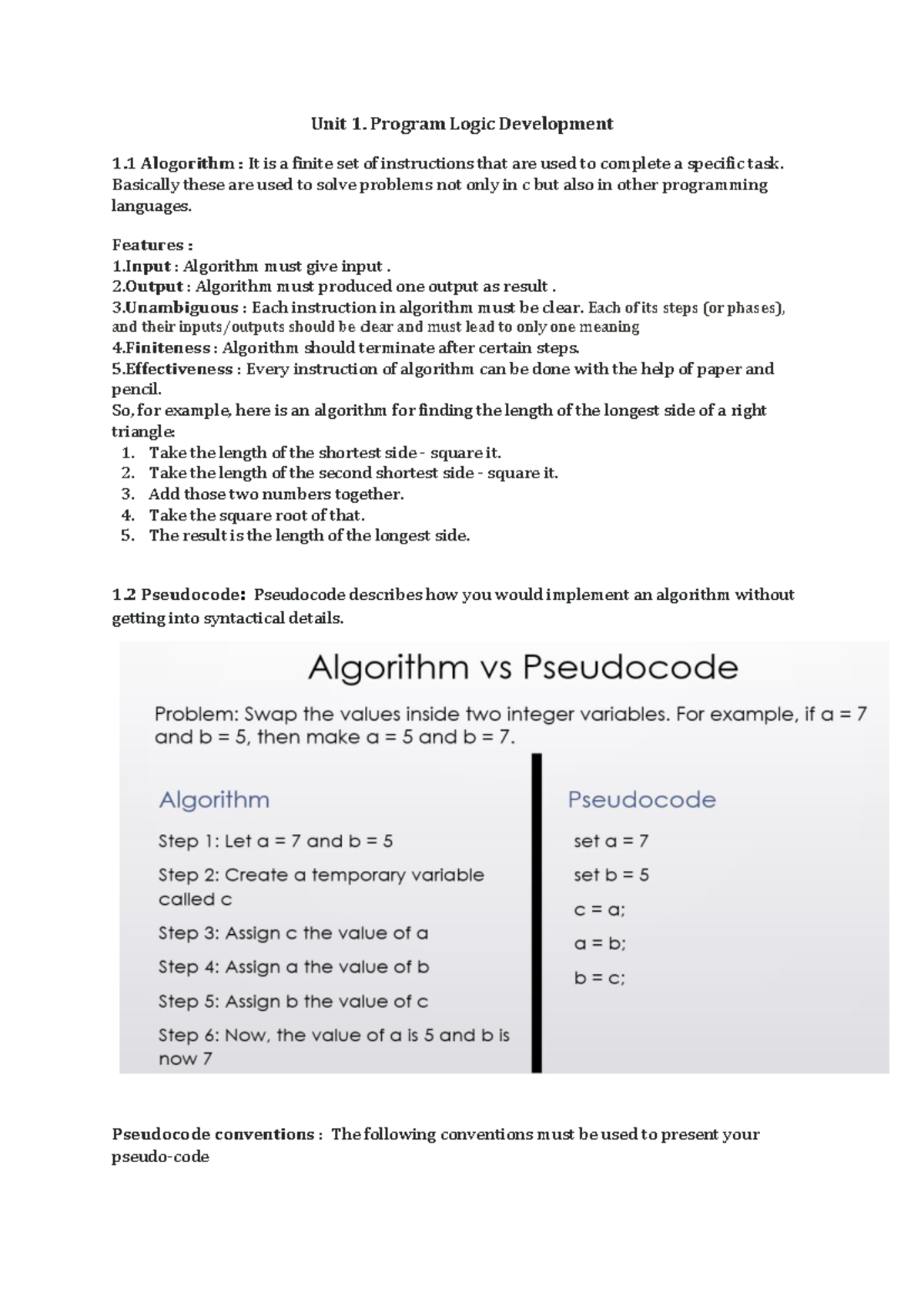 Unit 1 - C Programming: Algorithms, Pseudocode, and Flowcharts - Studocu
