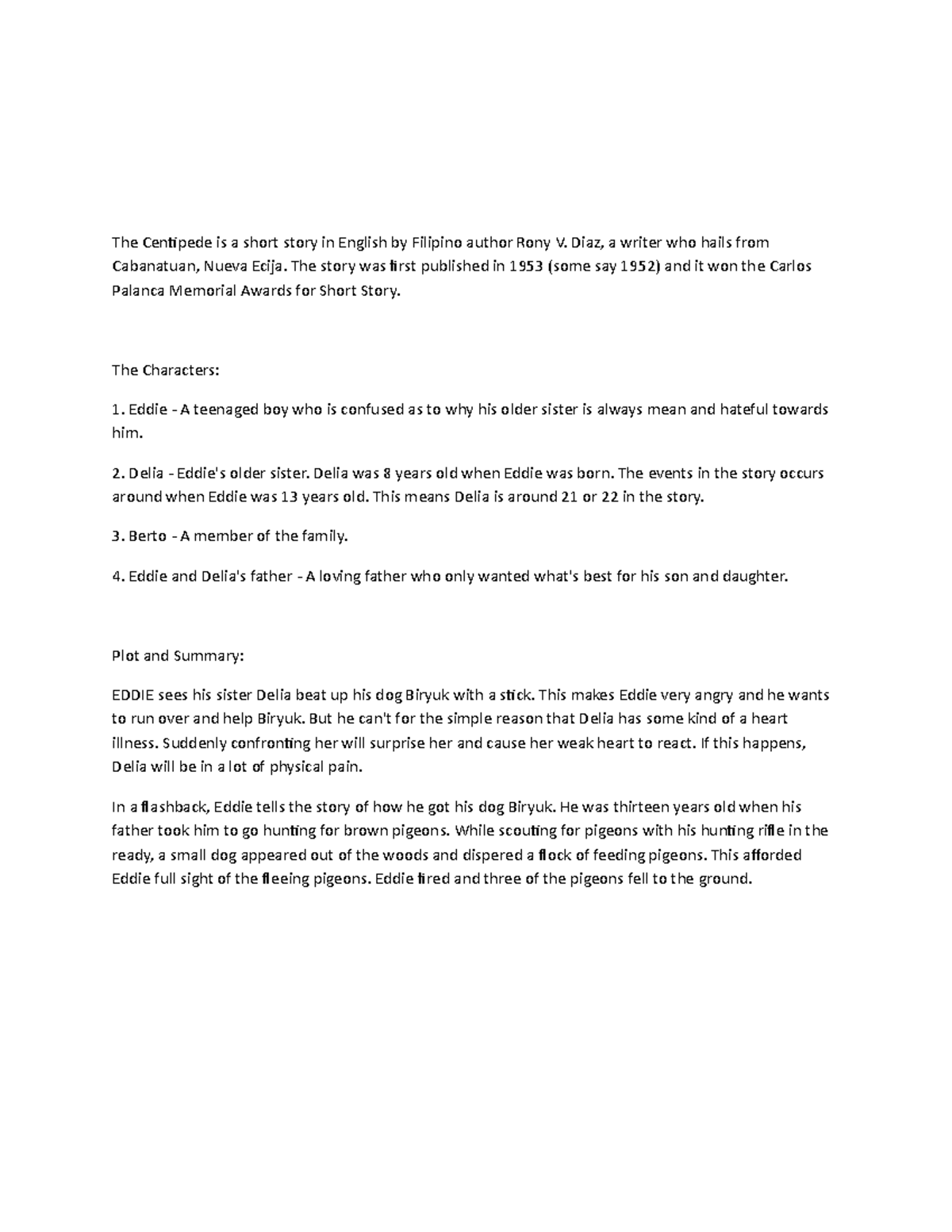 Analysis of "The Centipede" by Rony V. Diaz - Key Themes and Characters ...