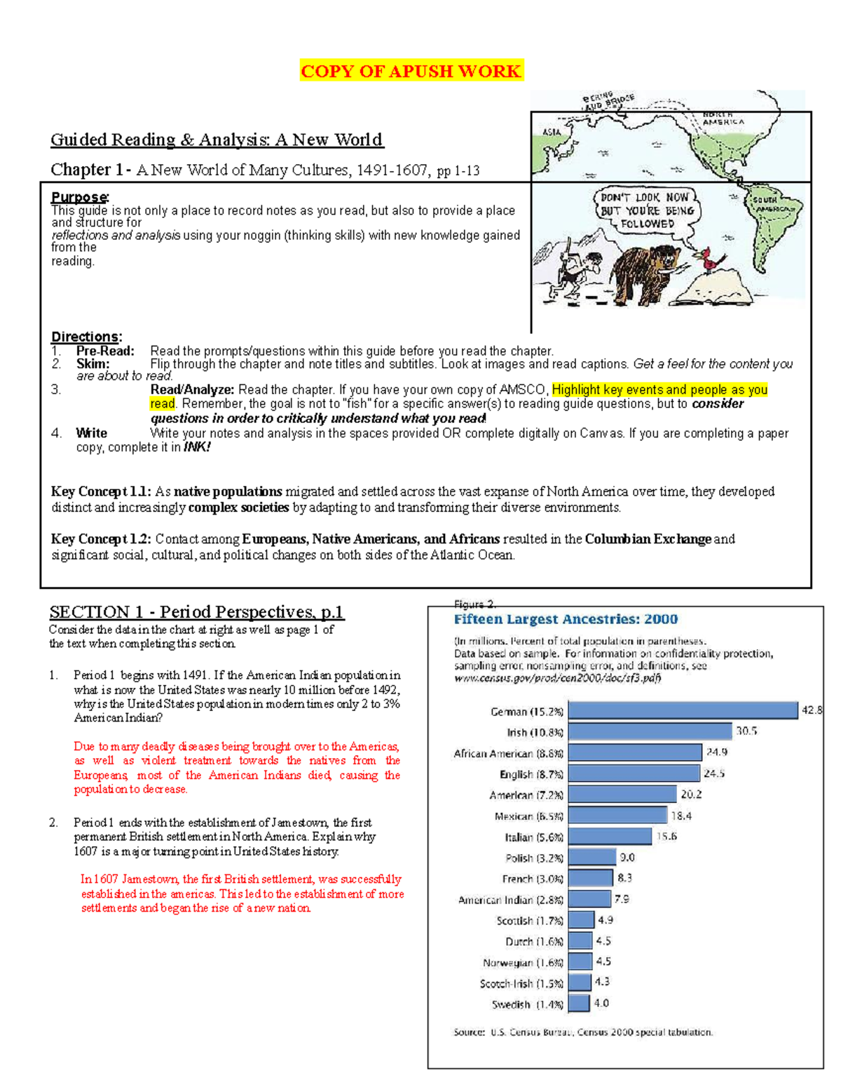 Amsco APUSH Chapter 01: A New World of Many Cultures Reading Guide ...