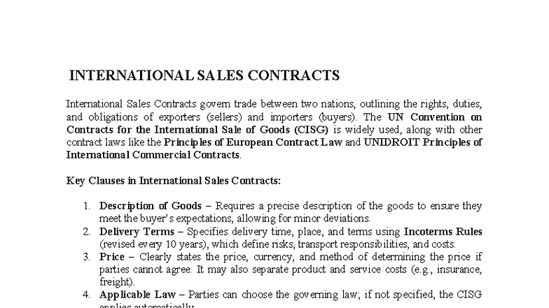 International Sales Contracts & CISG Overview - Studocu