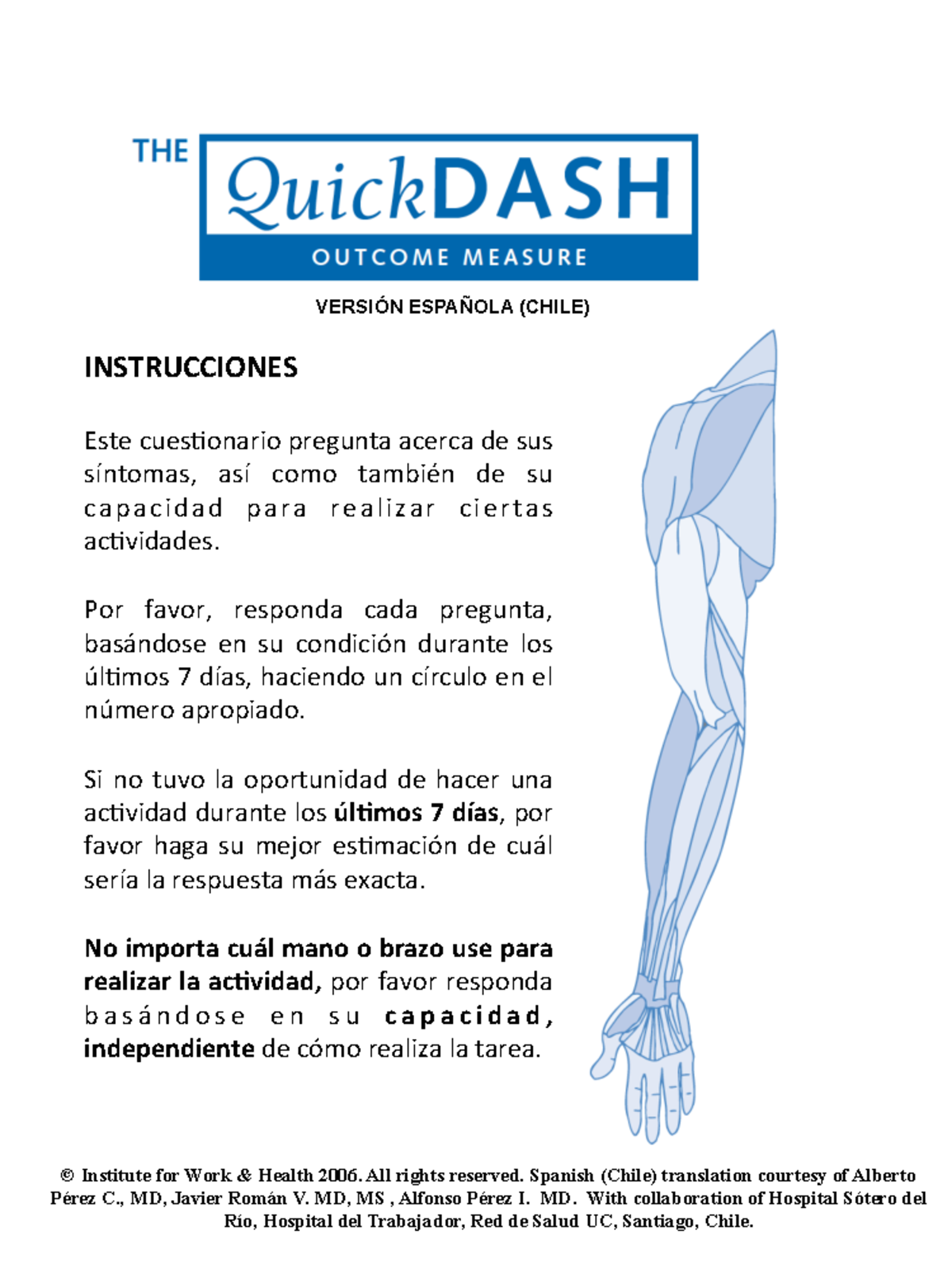 Pauta de Evaluación Quick DASH - Español Chile (Versión 2006) - Studocu