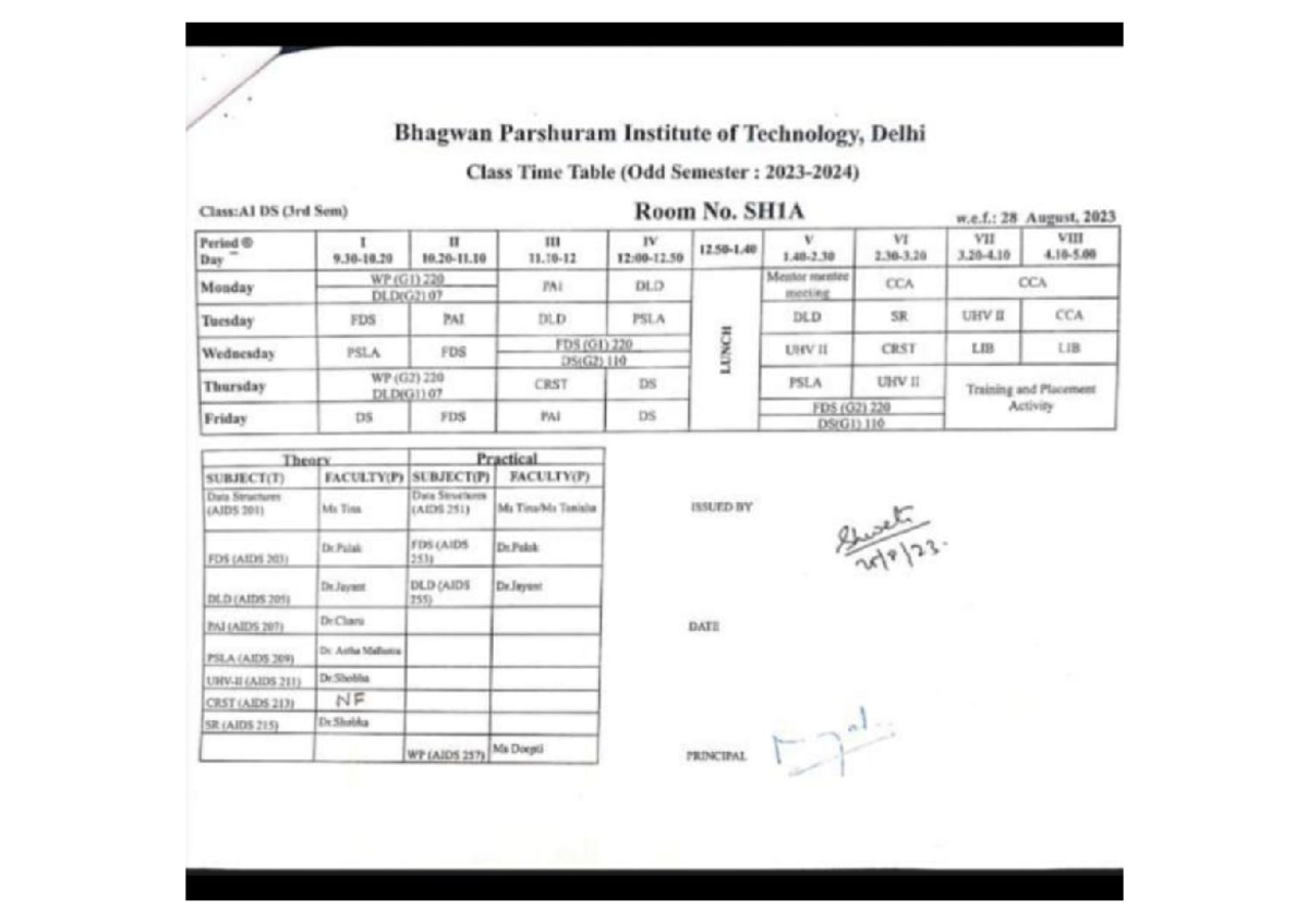AIML 3rd Sem Class Time Table & Syllabus Overview (Odd Semester) - Studocu