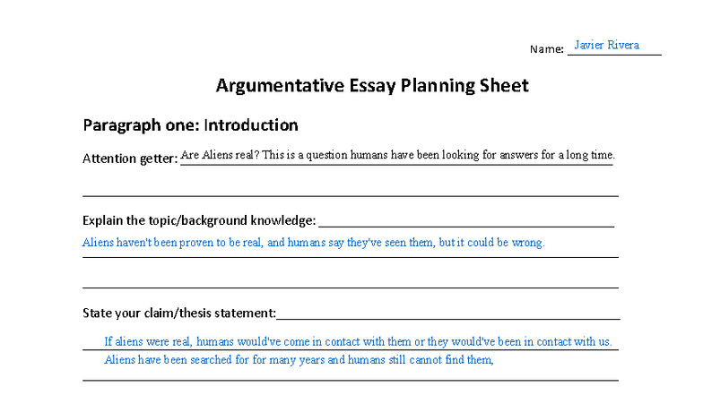 Argumentative Essay Planning Sheet: Are Aliens Real? - Studocu