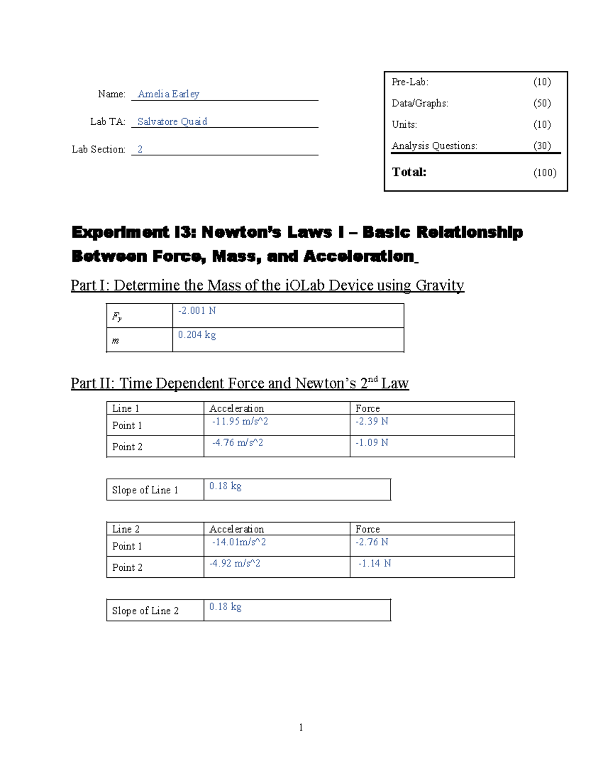 i3 Lab Worksheet: Newton's Laws I - Exploring Mass & Acceleration - Studocu
