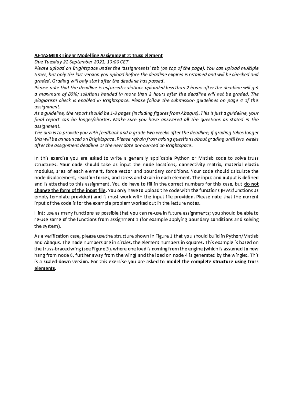 AE4ASM003 Linear Modelling Assignment 2: Truss Element Analysis - Studeersnel
