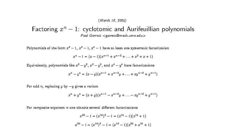 Factoring xn - 1: Cyclotomic & Aurifeuillian Polynomials (MATH 101) - Studocu