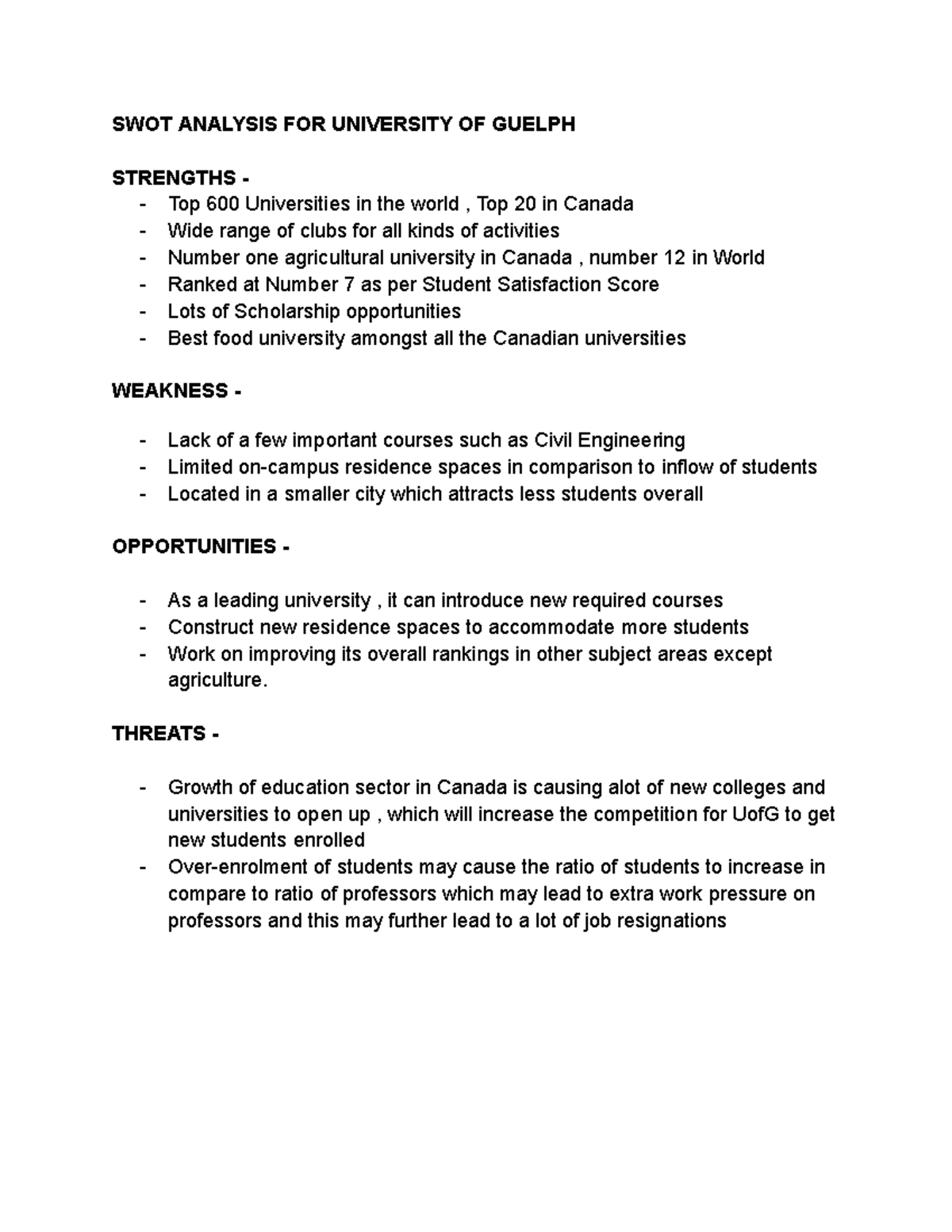 SWOT Analysis of University of Guelph - PHYS 101 Insights - Studocu