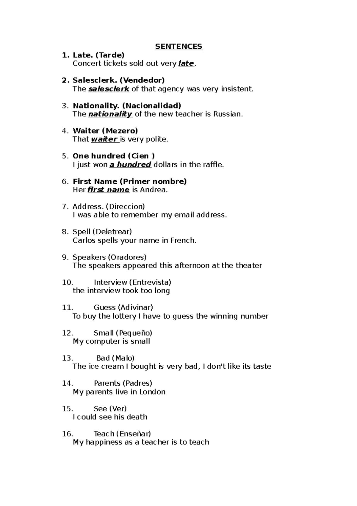 Ejercicios de Oraciones en Español - Sentences Practice - Studocu