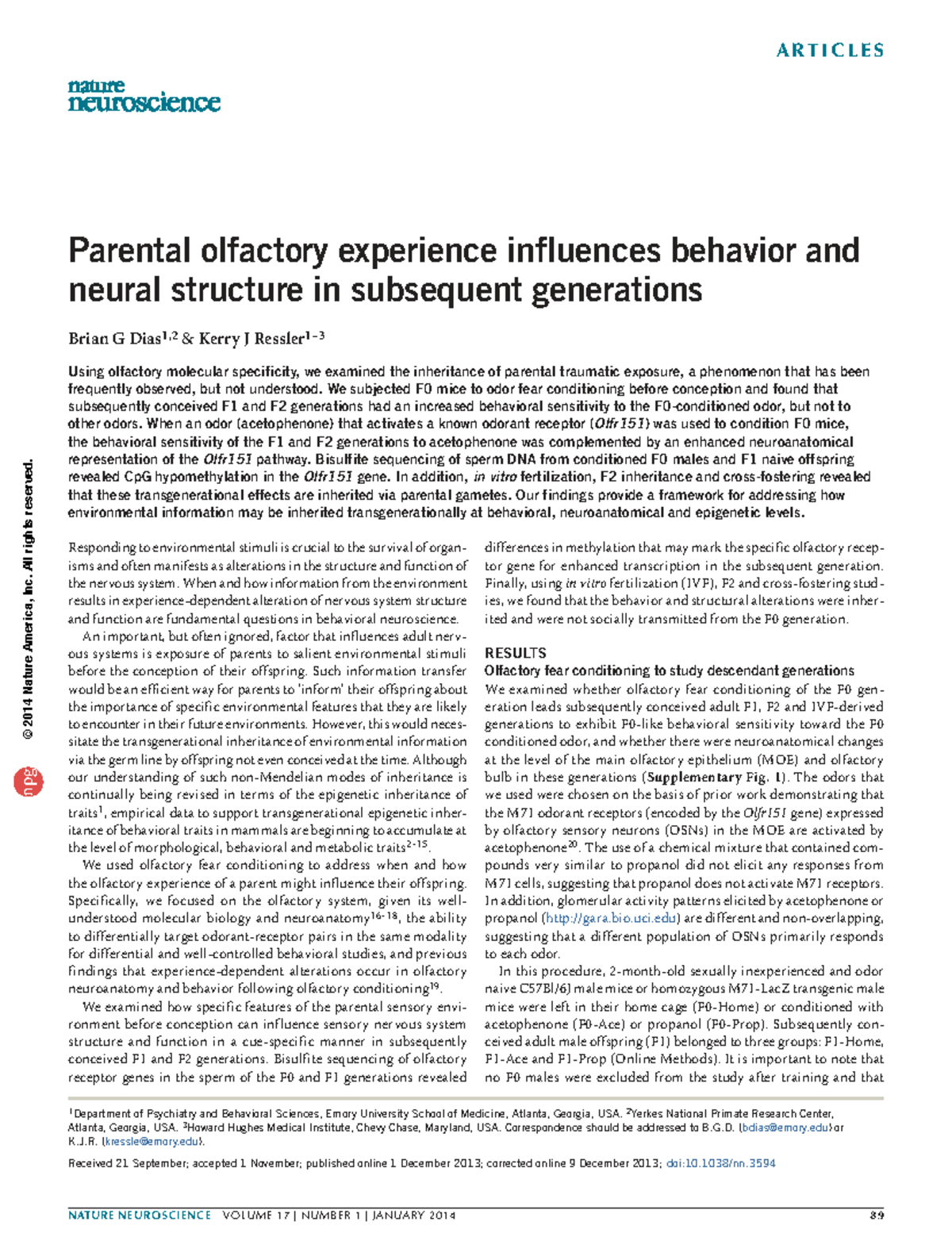 Parental Olfactory Experience and Its Impact on Offspring Behavior ...
