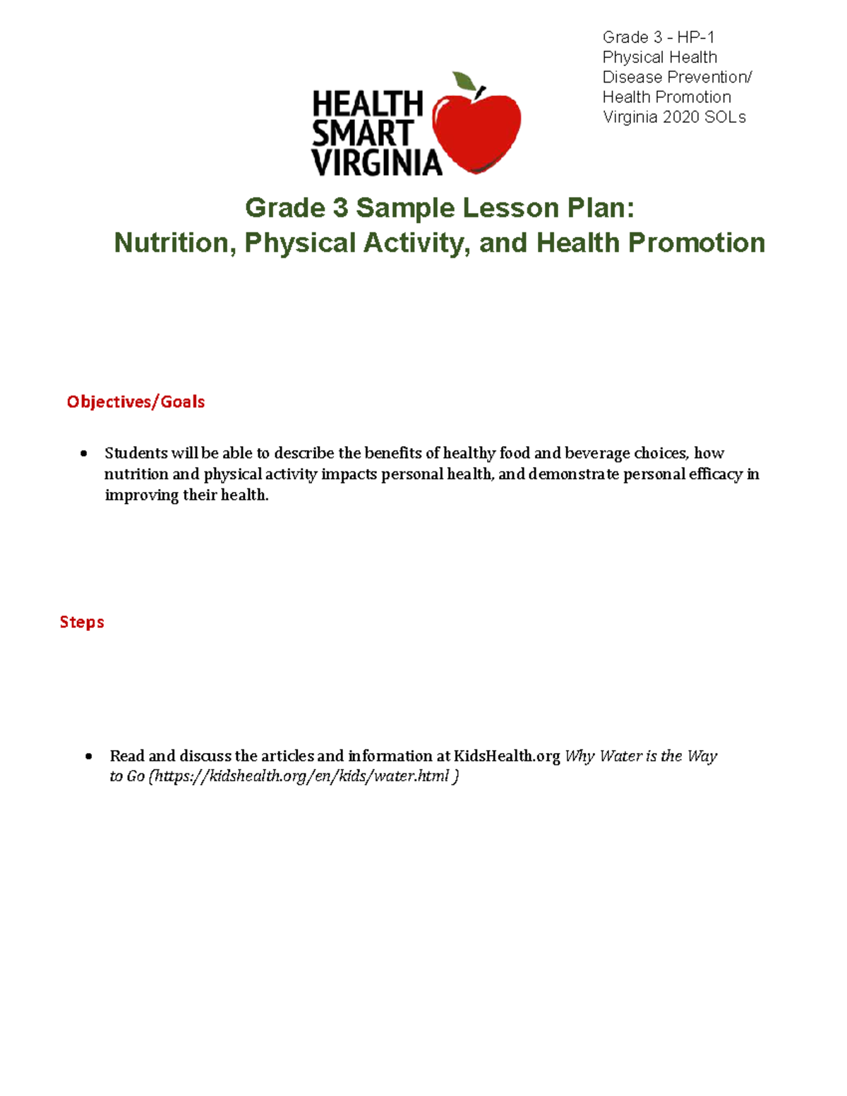 Grade 3 health promotion lesson plan: nutrition and physical activity ...
