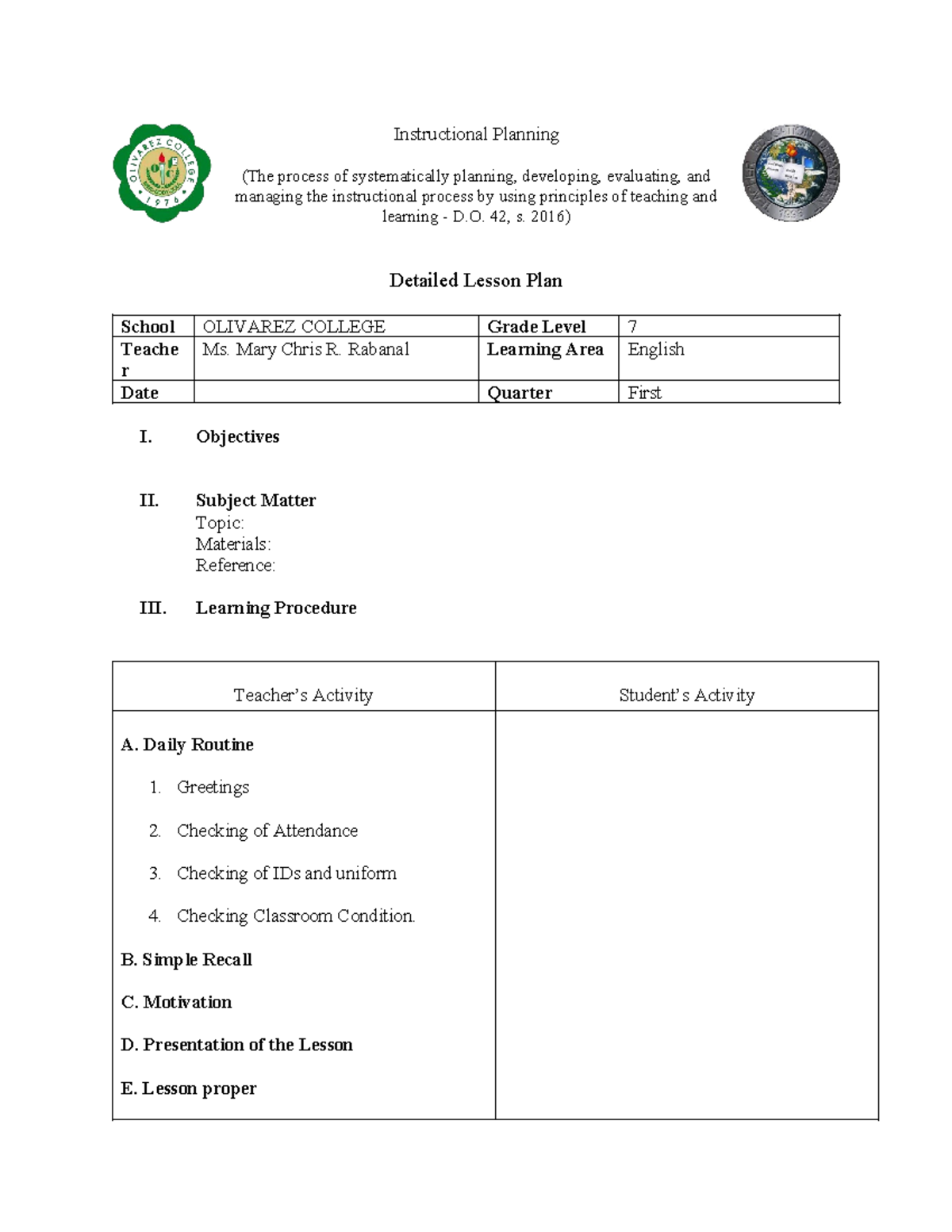 DLP-Format: Detailed Lesson Plan for Grade 7 English at Olivarez ...