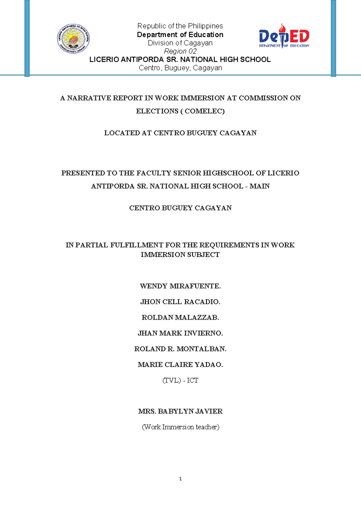 Narrative Report on Work Immersion at COMELEC (TVL - ICT) - Studocu