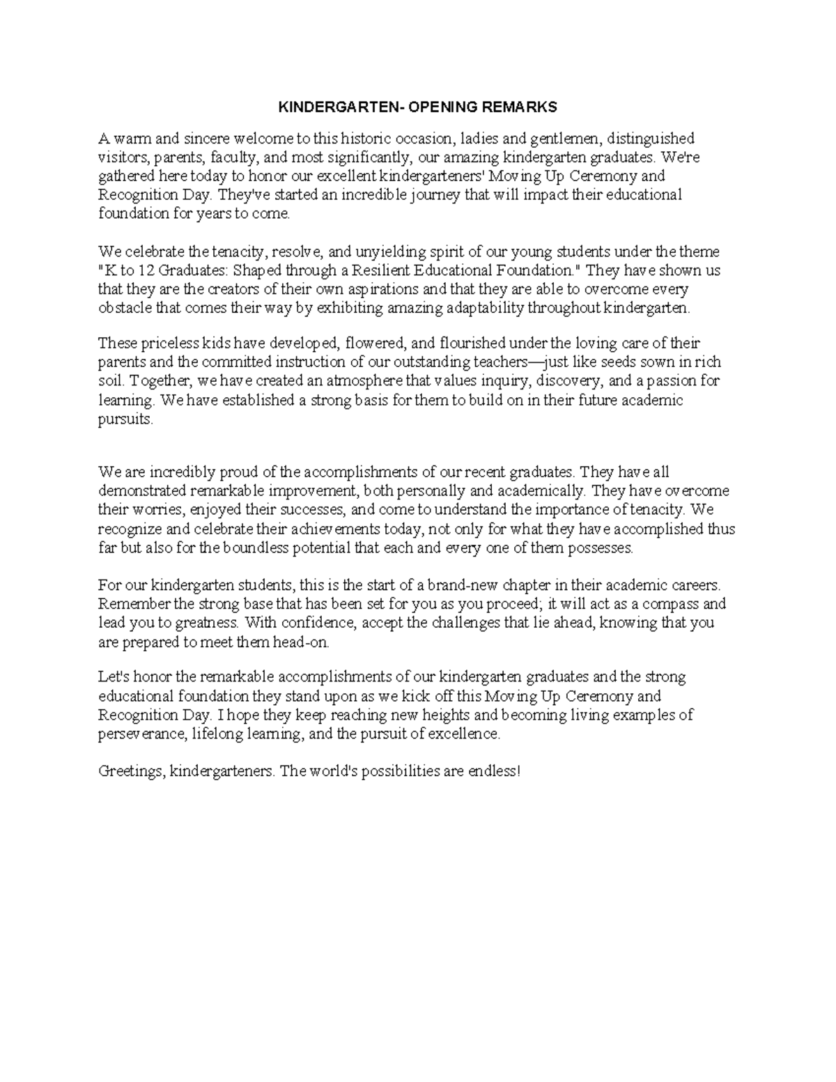 KINDERGARTEN - Opening Remarks for Moving Up Ceremony 2023 - Studocu