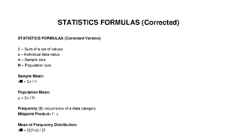 Statistics formulas correct - STATISTICS FORMULAS (Corrected ...