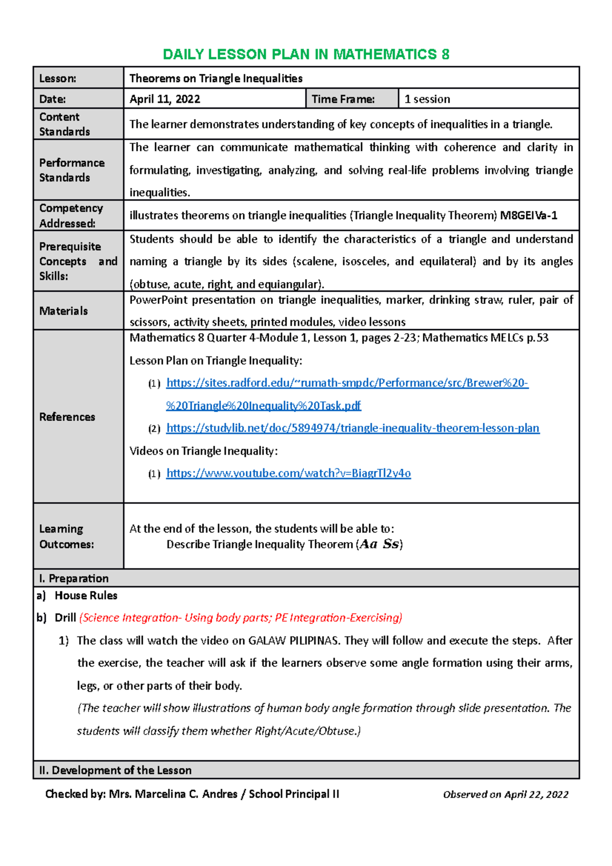 DLP: Theorems on Triangle Inequalities in Mathematics 8 - Studocu