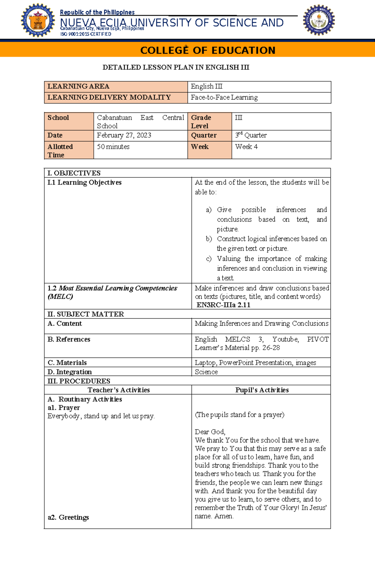 Detailed Lesson Plan for English III: Making Inferences (Q3) - Studocu
