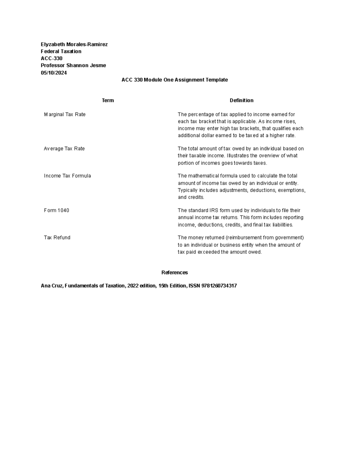 Federal Taxation ACC 330 Module 1 Assignment Overview and Terms - Studocu