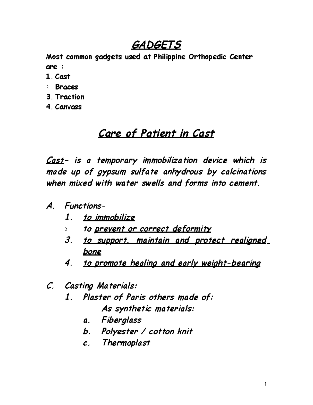 Orthopedic Care Guide: Casts, Traction, and Braces at POC - Studocu