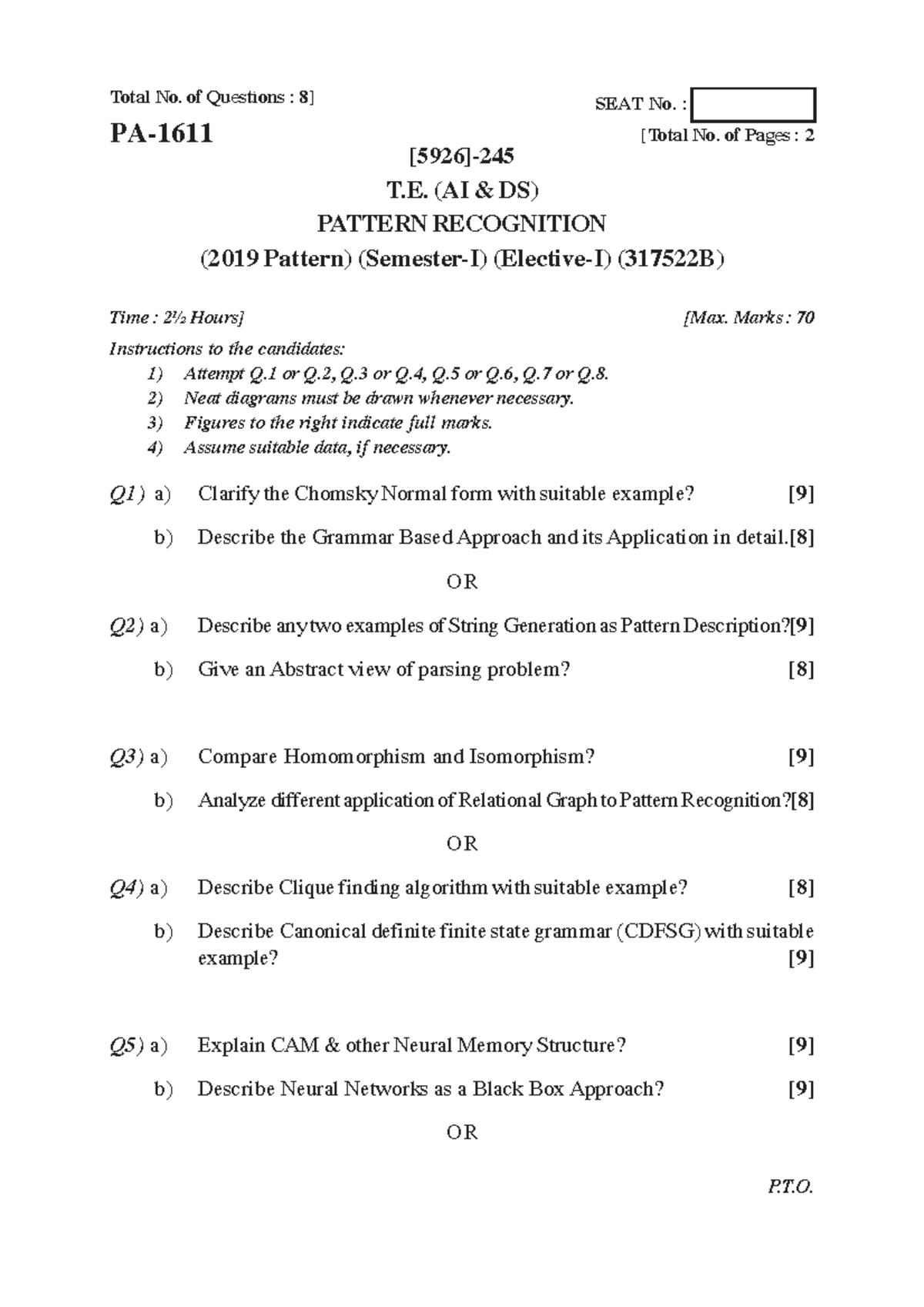 T.E. (AI DS) Pattern Recognition Exam Paper (2019 Pattern) (317522B ...
