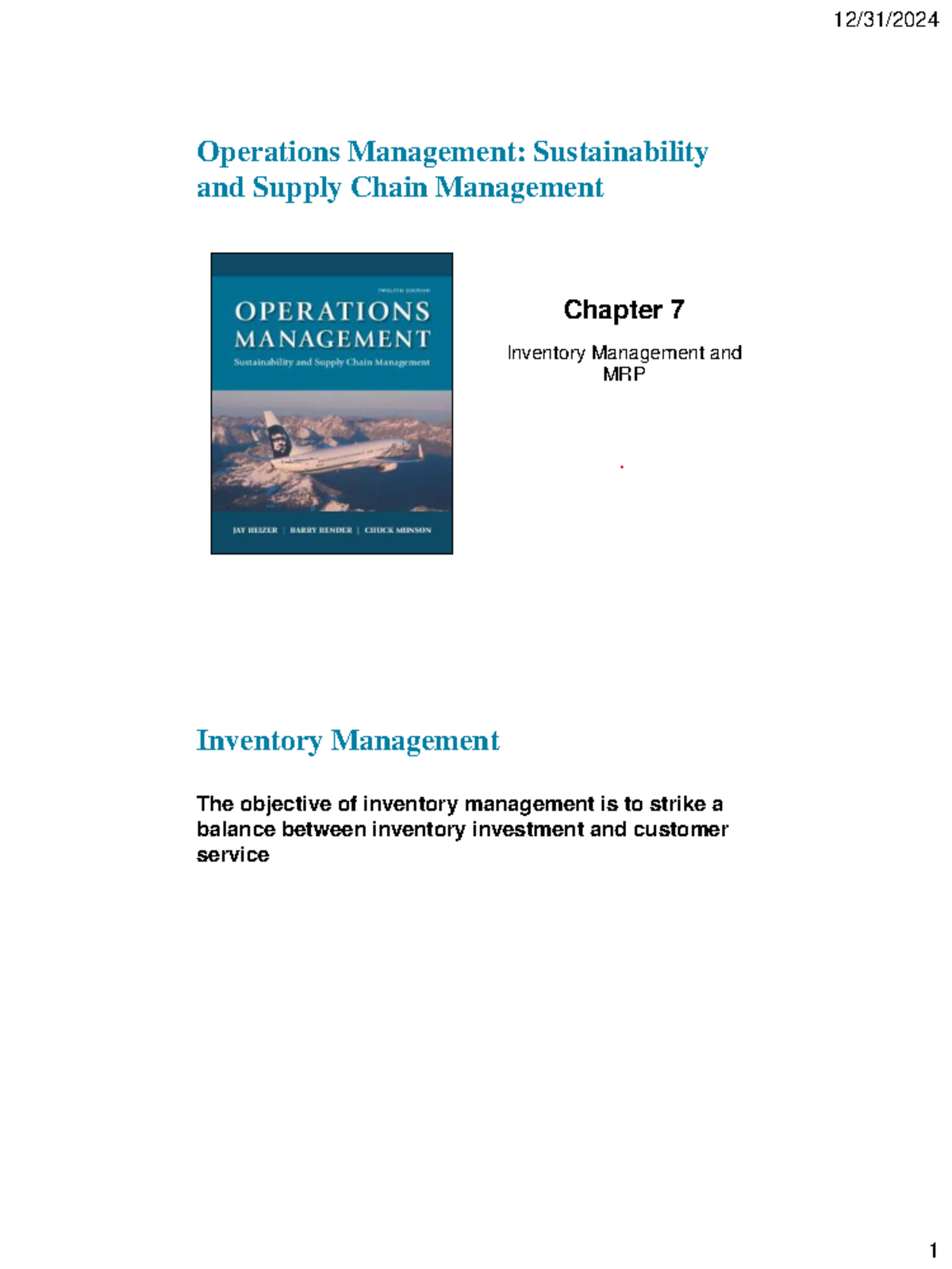 Operations Management OM12: Chapter 7 - Inventory Management & MRP ...