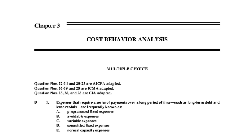 Chapter 3: Cost Behavior Analysis - Multiple Choice Questions (03) - Studocu
