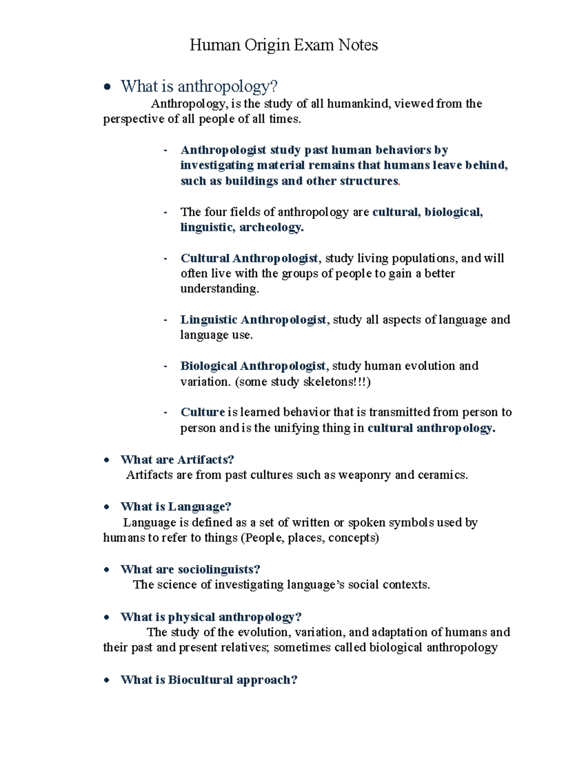 Human Origins Exam Notes (Anthro 101) - • What is anthropology ...