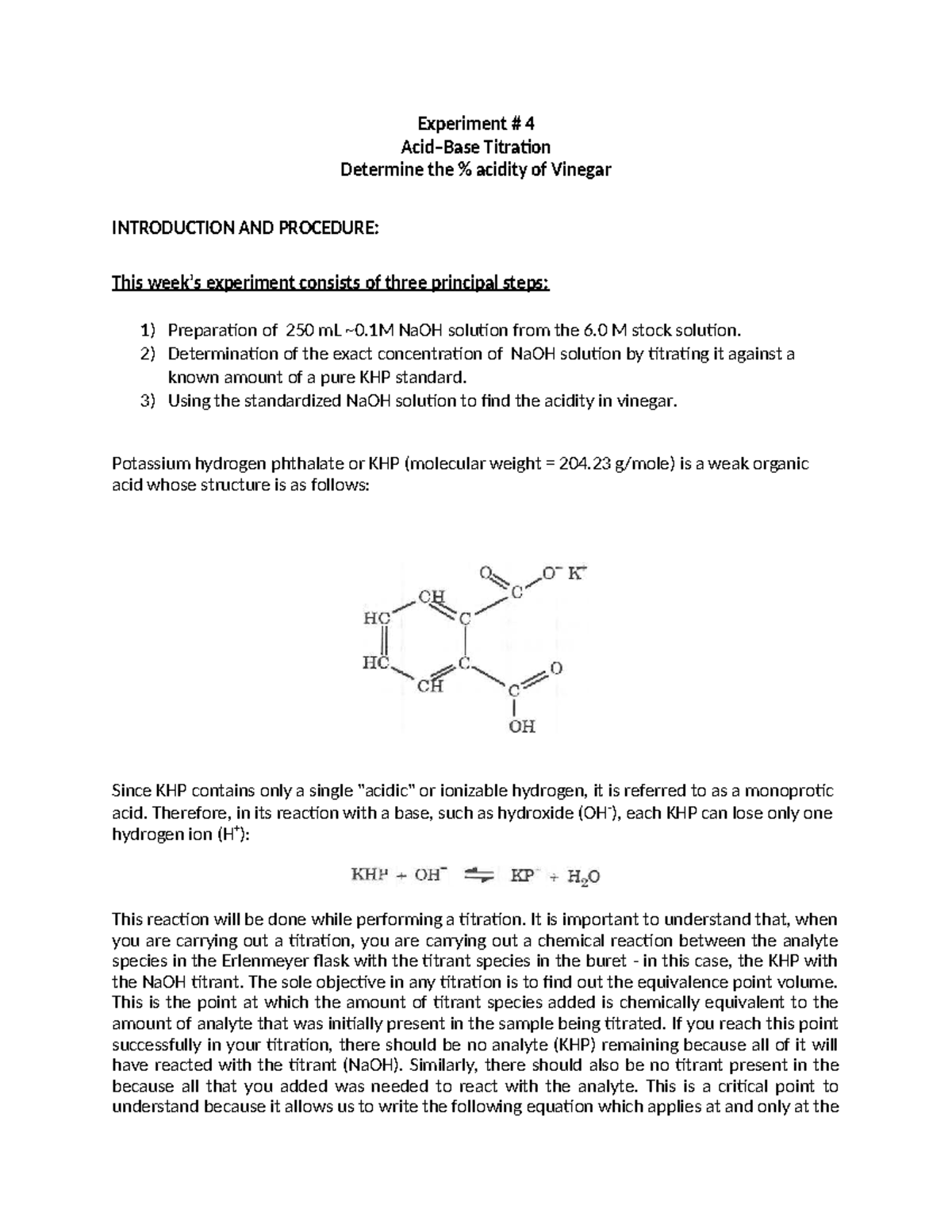 Experiment 4: Titration of Vinegar - Introduction & Procedure - Studocu