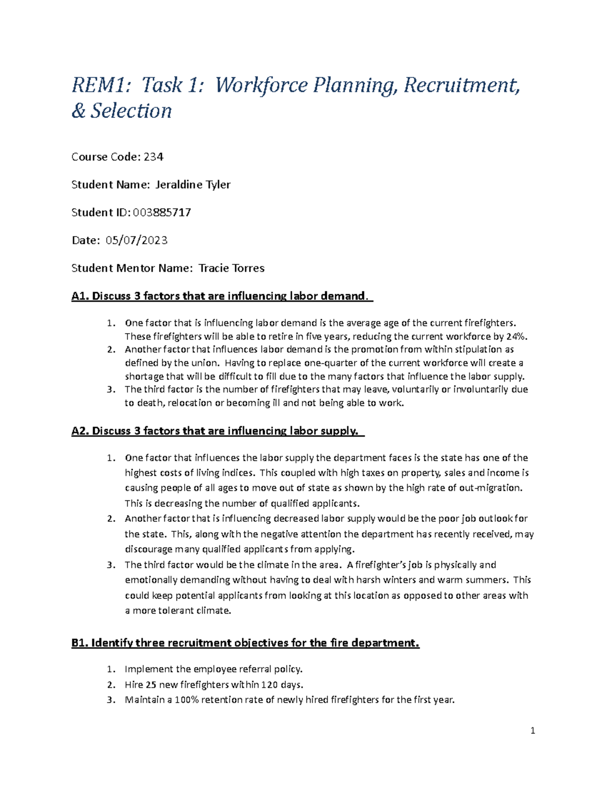 C234 Task 1 - Assignment Task 1 - REM1: Task 1: Workforce Planning ...