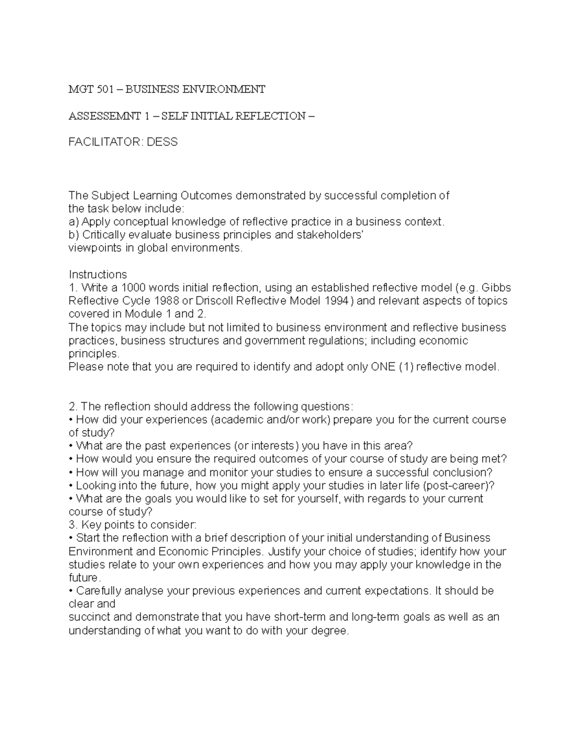 MGT501 Self Reflection on Business Environment and Future Goals - Studocu