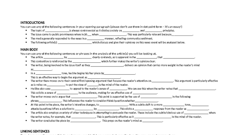 ENG101 Essay Writing: Vocabulary and Sentence Starters Guide - Studocu