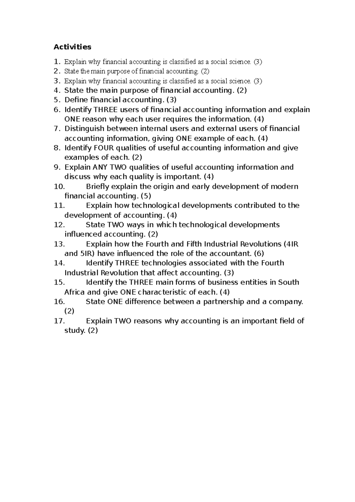 Chapter 1 Questions - Accounting Activities (ACCT101) - Studocu