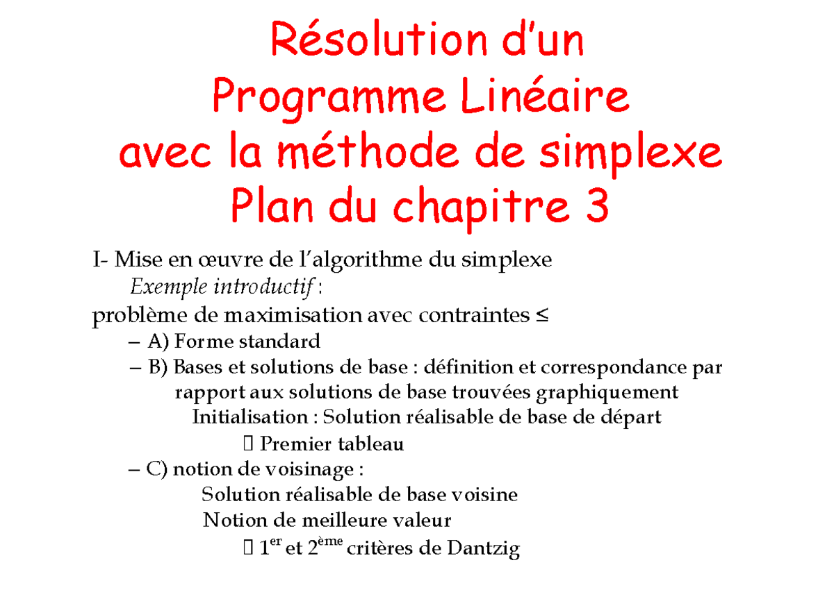 Chapitre 3 : Résolution du Programme Linéaire avec Simplexe - Cours RO ...