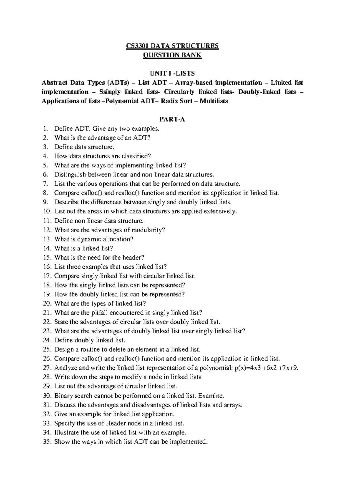 CS3301 Data Structures Question Bank: Unit I Overview and Key Concepts ...
