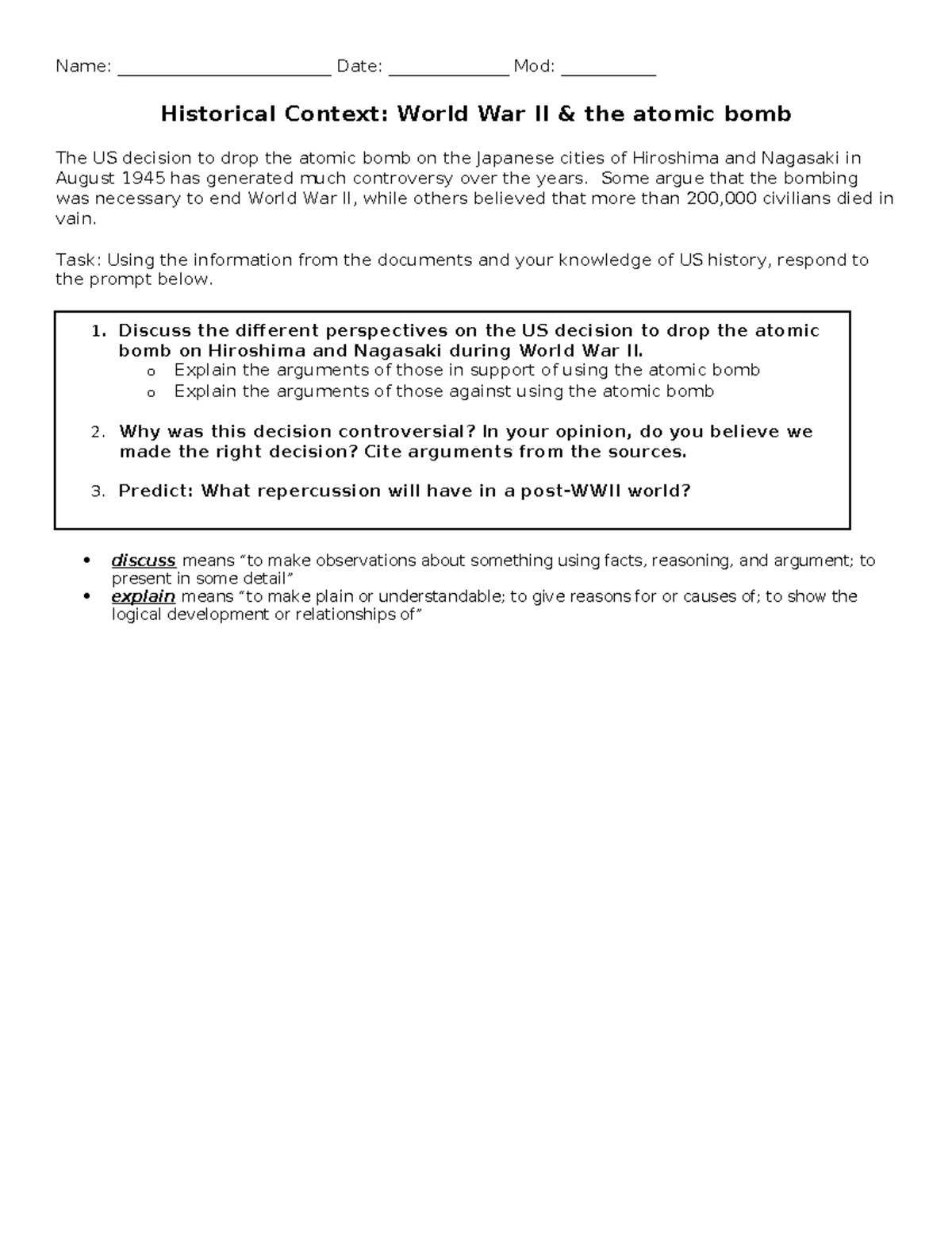 Historical Context: WW II & the Atomic Bomb Discussion Guide - Studocu