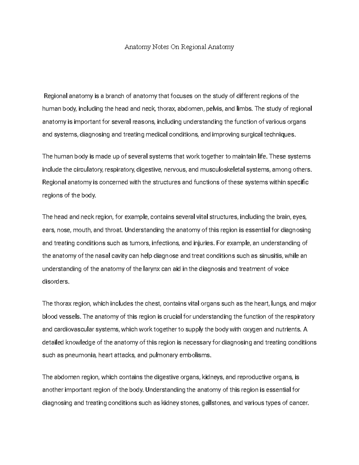 Regional Anatomy Notes: Understanding Body Systems and Structures - Studocu