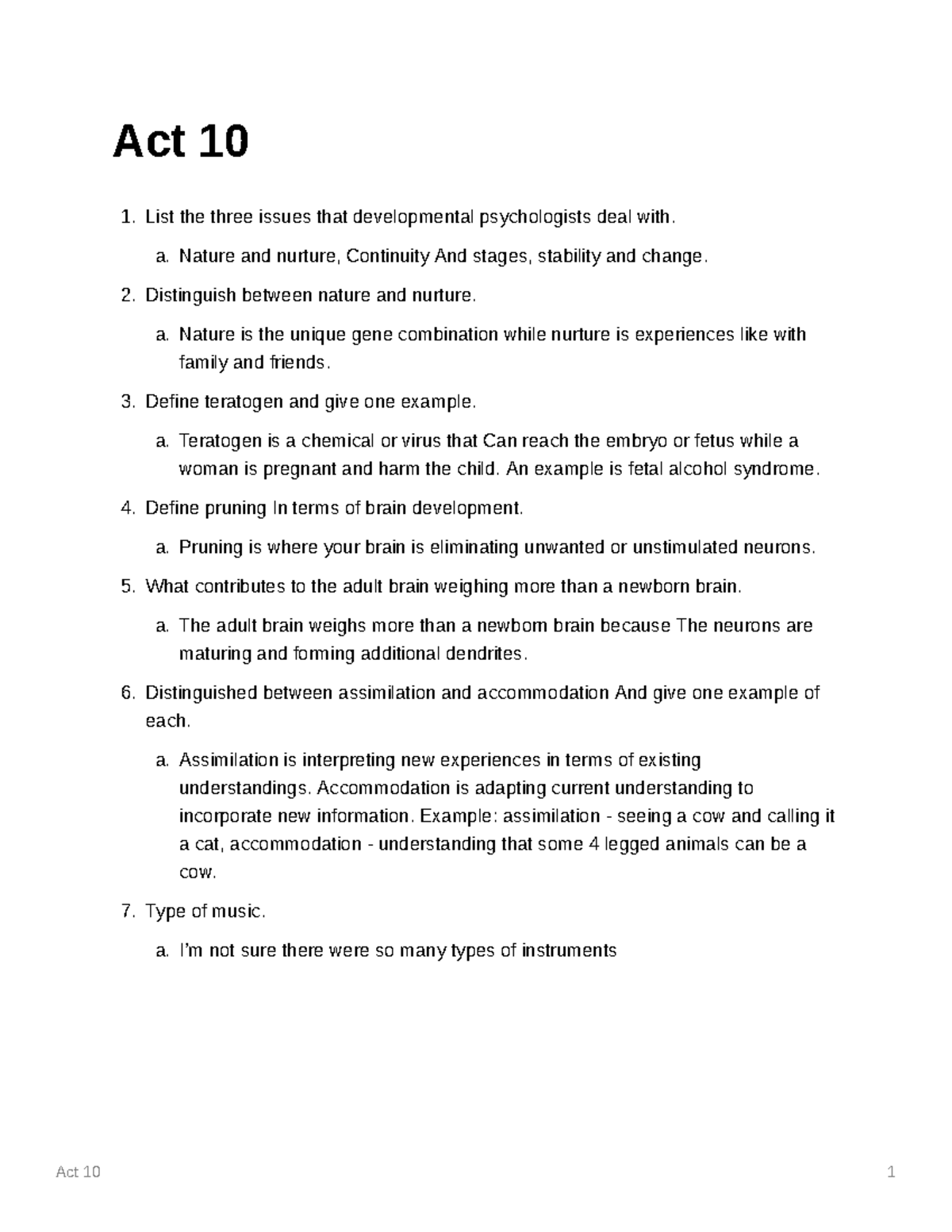 Act 10 - In-Class Notes on Developmental Psychology Concepts - Studocu