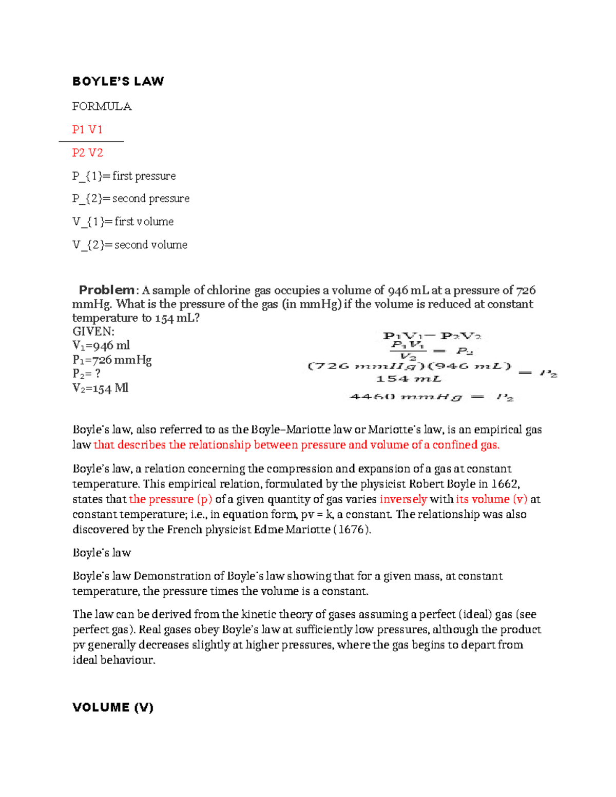 Boyle's Law and Gas Laws Overview: LAW Formula P1 V1 P2 V2 - Studocu