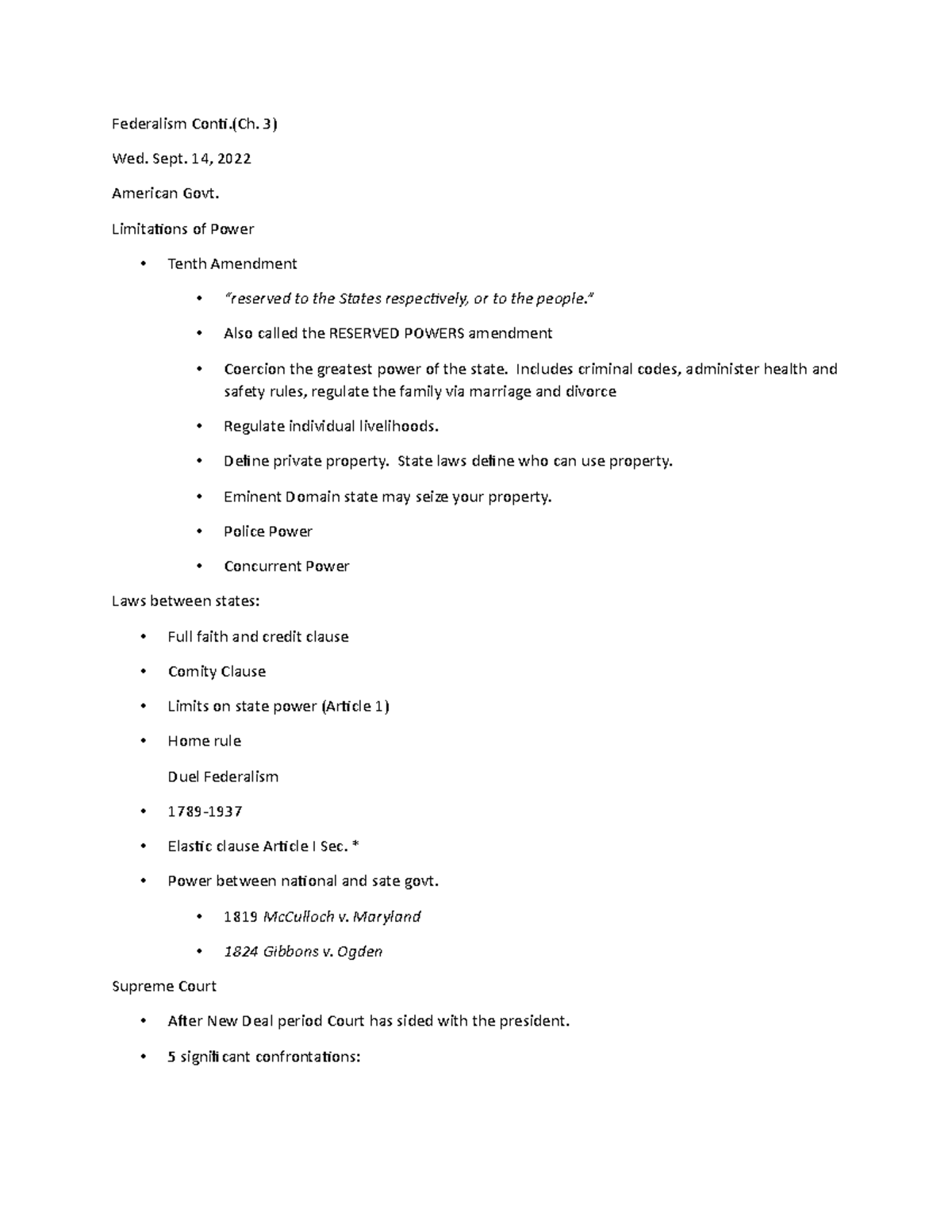 Federalism notes lecture - Federalism Conti.(Ch. 3) Wed. Sept. 14, 2022 ...