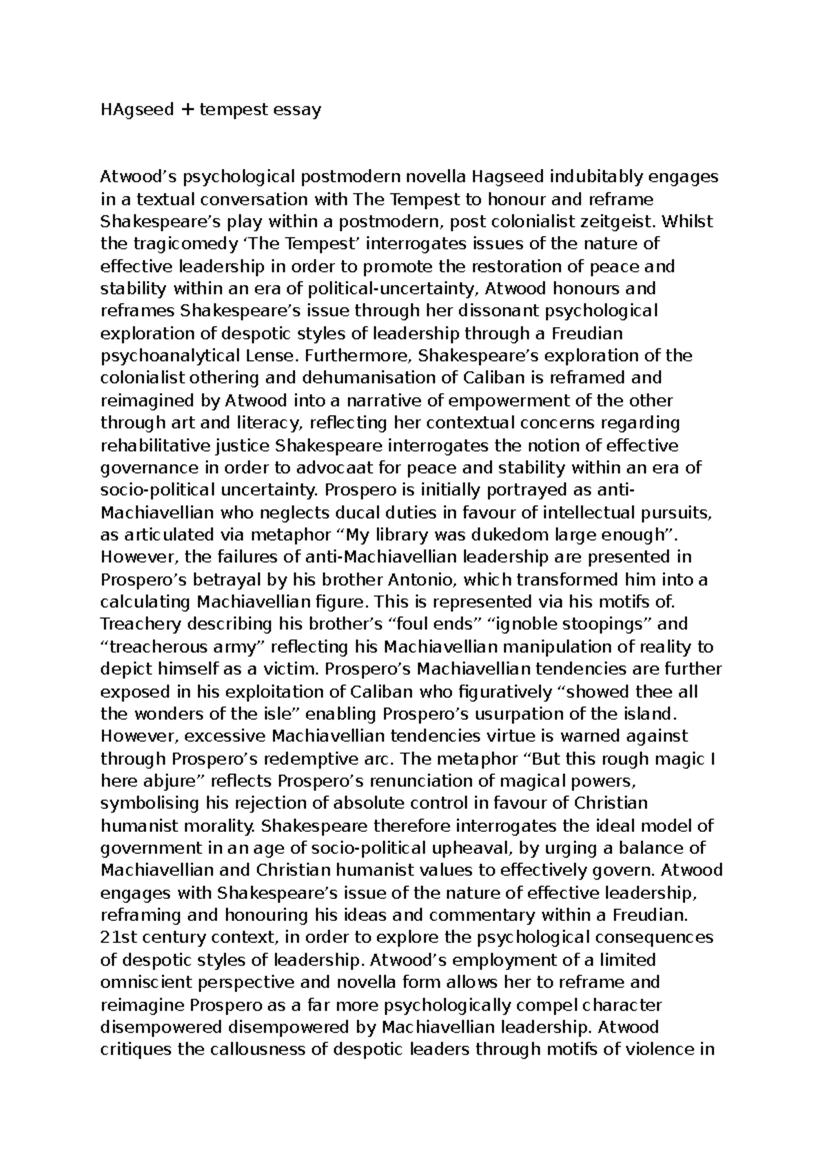 HUM 301: Hagseed and The Tempest - A Postmodern Leadership Analysis ...