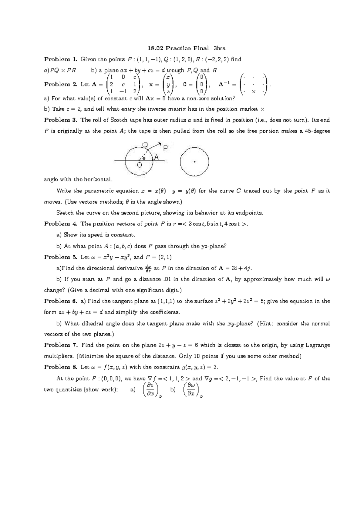MIT 18.02SC Practice Final Exam Solutions and Problems - Studocu