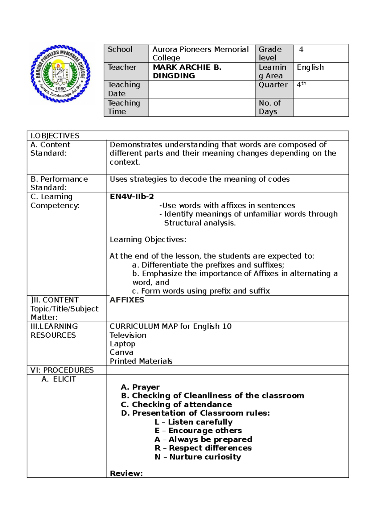 ENG 10 Lesson Plan: Understanding Affixes and Their Impact - Studocu